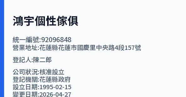 鴻宇個性傢俱的照片-統編 92096848(花蓮縣) 公司登記資料與營業項目詳細圖表