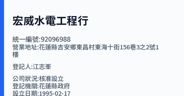 宏威水電工程行的照片-統編 92096988(花蓮縣) 公司登記資料與營業項目詳細圖表