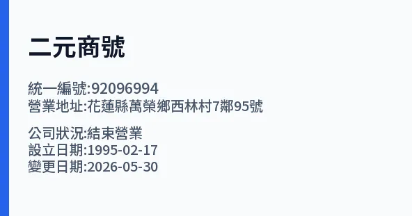 二元商號的照片-統編 92096994(花蓮縣) 公司登記資料與營業項目詳細圖表