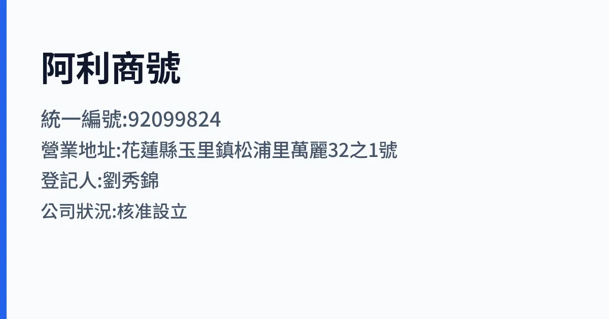 阿利商號 - 統編 92099824(花蓮縣) 公司登記資料與營業項目詳細圖表