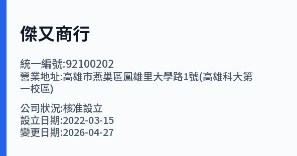 傑又商行的照片-統編 92100202(高雄市) 公司登記資料與營業項目詳細圖表