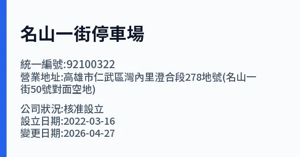 名山一街停車場的照片-統編 92100322(高雄市) 公司登記資料與營業項目詳細圖表
