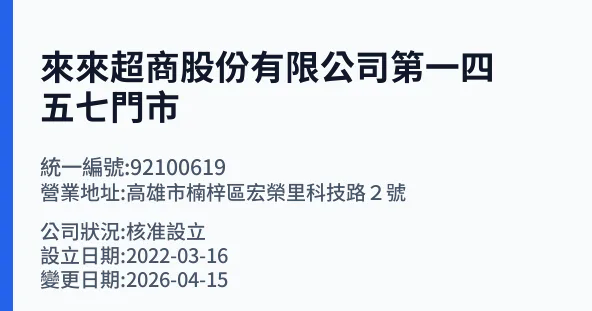 來來超商股份有限公司第一四五七門市的照片-統編 92100619(高雄市) 公司登記資料與營業項目詳細圖表