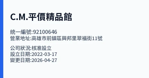 C.M.平價精品館的照片-統編 92100646(高雄市) 公司登記資料與營業項目詳細圖表