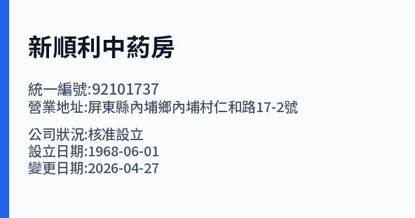 新順利中葯房的照片-統編 92101737(屏東縣) 公司登記資料與營業項目詳細圖表