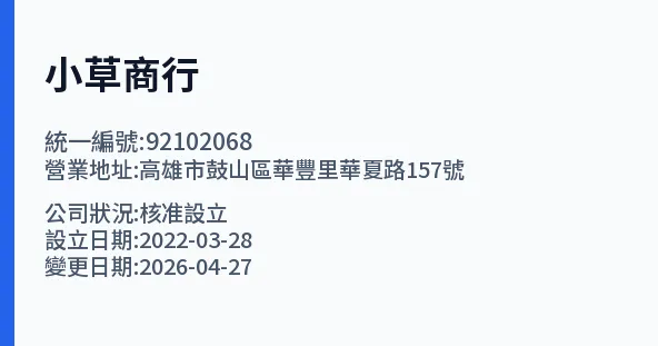 小草商行的照片-統編 92102068(高雄市) 公司登記資料與營業項目詳細圖表