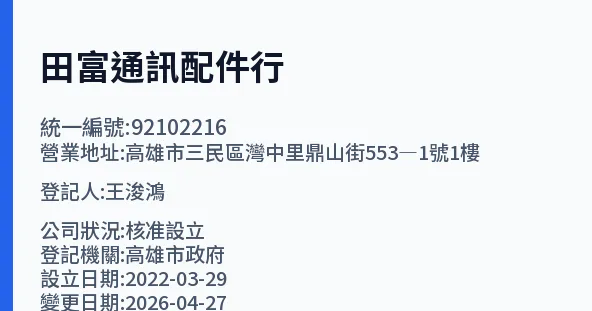 田富通訊配件行的照片-統編 92102216(高雄市) 公司登記資料與營業項目詳細圖表