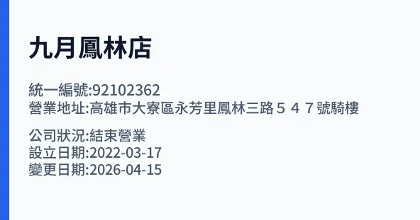 九月鳳林店的照片-統編 92102362(高雄市) 公司登記資料與營業項目詳細圖表