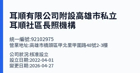 耳順有限公司附設高雄市私立耳順社區長照機構的照片-統編 92102975(高雄市) 公司登記資料與營業項目詳細圖表
