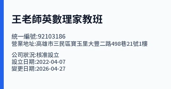 王老師英數理家教班的照片-統編 92103186(高雄市) 公司登記資料與營業項目詳細圖表