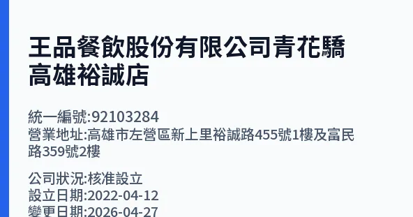 王品餐飲股份有限公司青花驕高雄裕誠店的照片-統編 92103284(高雄市) 公司登記資料與營業項目詳細圖表