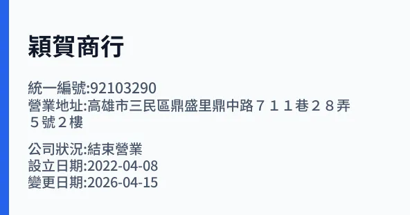穎賀商行的照片-統編 92103290(高雄市) 公司登記資料與營業項目詳細圖表
