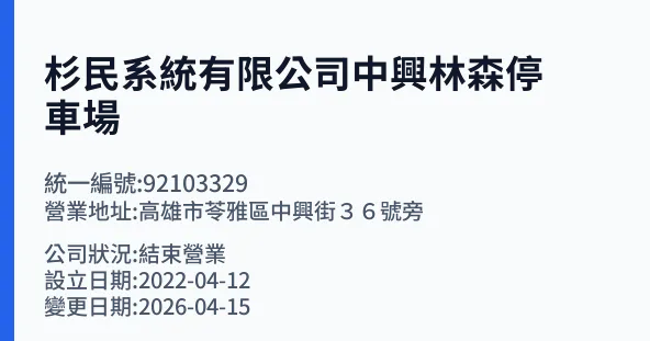 杉民系統有限公司中興林森停車場的照片-統編 92103329(高雄市) 公司登記資料與營業項目詳細圖表