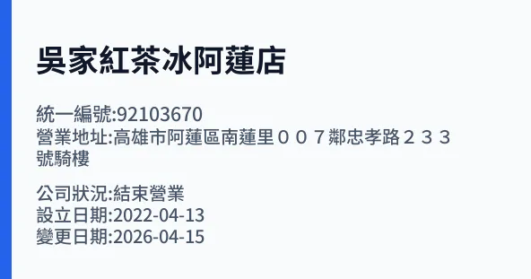 吳家紅茶冰阿蓮店的照片-統編 92103670(高雄市) 公司登記資料與營業項目詳細圖表