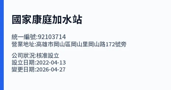 國家康庭加水站的照片-統編 92103714(高雄市) 公司登記資料與營業項目詳細圖表