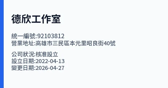 德欣工作室的照片-統編 92103812(高雄市) 公司登記資料與營業項目詳細圖表