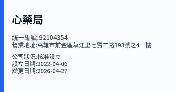 心藥局的照片-統編 92104354(高雄市) 公司登記資料與營業項目詳細圖表