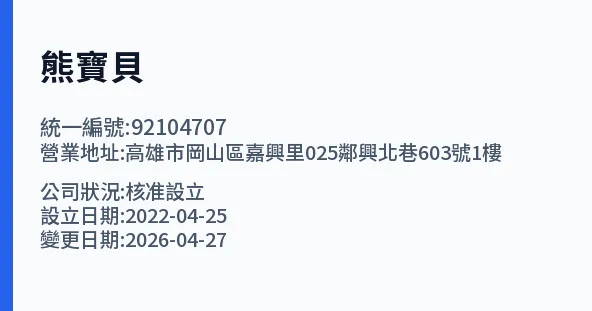 熊寶貝的照片-統編 92104707(高雄市) 公司登記資料與營業項目詳細圖表