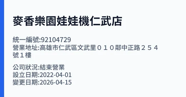 麥香樂園娃娃機仁武店的照片-統編 92104729(高雄市) 公司登記資料與營業項目詳細圖表