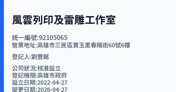 風雲列印及雷雕工作室的照片-統編 92105065(高雄市) 公司登記資料與營業項目詳細圖表