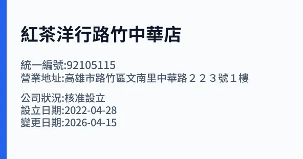 紅茶洋行路竹中華店的照片-統編 92105115(高雄市) 公司登記資料與營業項目詳細圖表