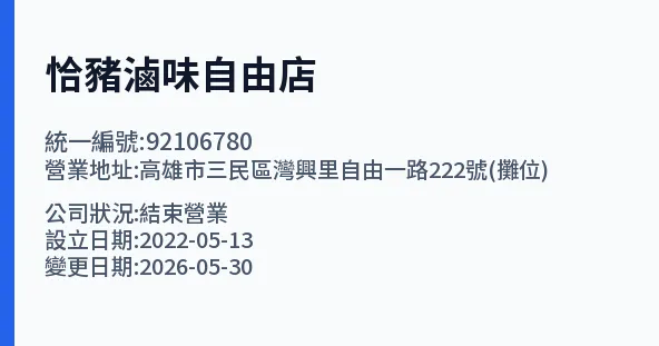 恰豬滷味自由店的照片-統編 92106780(高雄市) 公司登記資料與營業項目詳細圖表