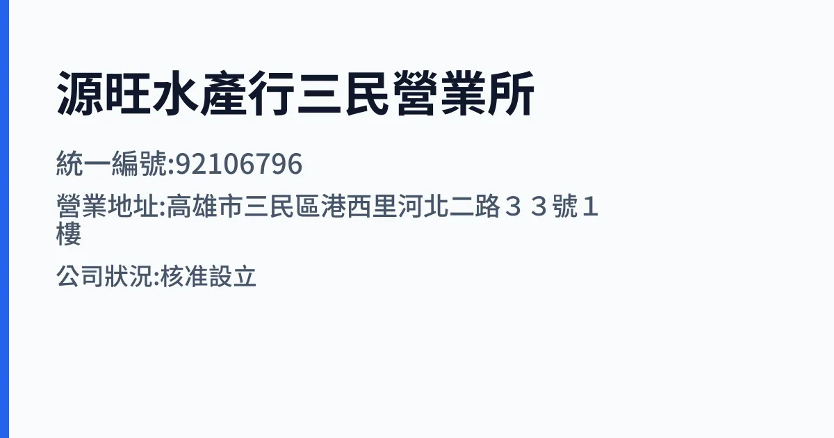 源旺水產行三民營業所 - 統編 92106796(高雄市) 公司登記資料與營業項目詳細圖表