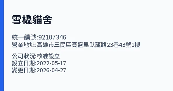 雪橇貓舍的照片-統編 92107346(高雄市) 公司登記資料與營業項目詳細圖表