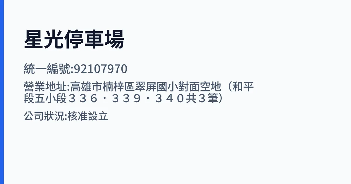 星光停車場 - 統編 92107970(高雄市) 公司登記資料與營業項目詳細圖表