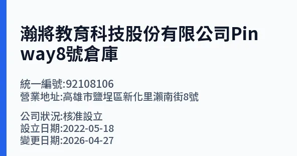 瀚將教育科技股份有限公司Pinway8號倉庫的照片-統編 92108106(高雄市) 公司登記資料與營業項目詳細圖表