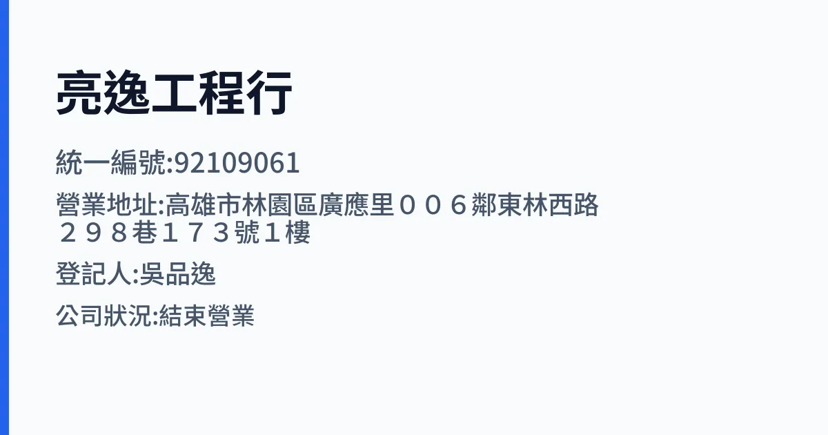亮逸工程行 - 統編 92109061(高雄市) 公司登記資料與營業項目詳細圖表