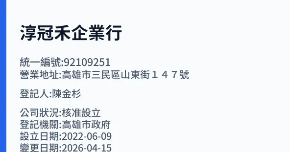 淳冠禾企業行的照片-統編 92109251(高雄市) 公司登記資料與營業項目詳細圖表