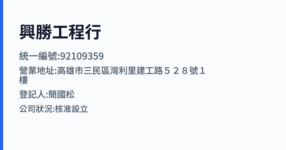 興勝工程行 - 統編 92109359(高雄市) 公司登記資料與營業項目詳細圖表