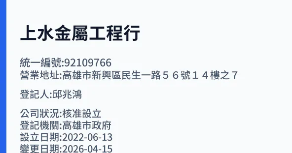 上水金屬工程行的照片-統編 92109766(高雄市) 公司登記資料與營業項目詳細圖表
