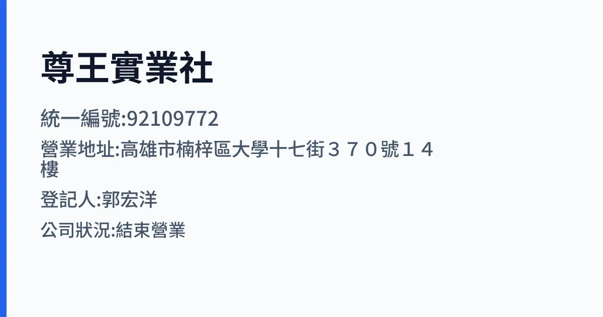 尊王實業社 - 統編 92109772(高雄市) 公司登記資料與營業項目詳細圖表