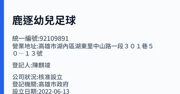鹿逐幼兒足球的照片-統編 92109891(高雄市) 公司登記資料與營業項目詳細圖表