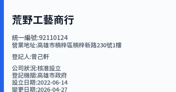 荒野工藝商行的照片-統編 92110124(高雄市) 公司登記資料與營業項目詳細圖表