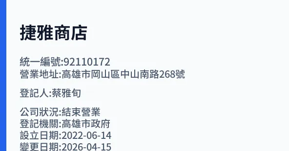 捷雅商店的照片-統編 92110172(高雄市) 公司登記資料與營業項目詳細圖表