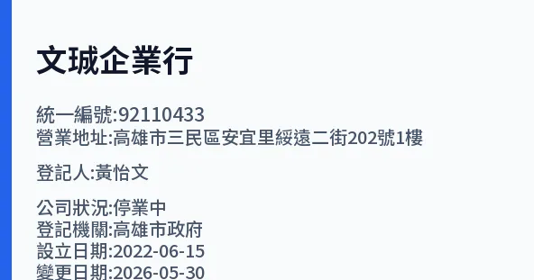 文珹企業行的照片-統編 92110433(高雄市) 公司登記資料與營業項目詳細圖表