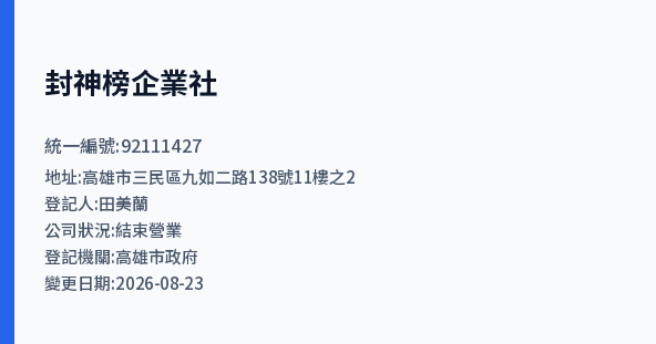 封神榜企業社的照片-統編 92111427(高雄市) 公司登記資料與營業項目詳細圖表