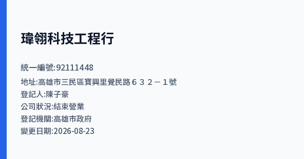 瑋翎科技工程行的照片-統編 92111448(高雄市) 公司登記資料與營業項目詳細圖表
