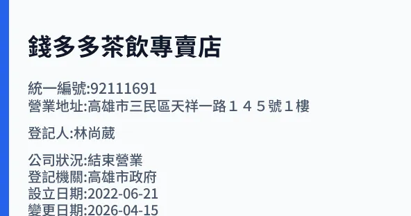 錢多多茶飲專賣店的照片-統編 92111691(高雄市) 公司登記資料與營業項目詳細圖表