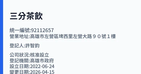 三分茶飲的照片-統編 92112657(高雄市) 公司登記資料與營業項目詳細圖表