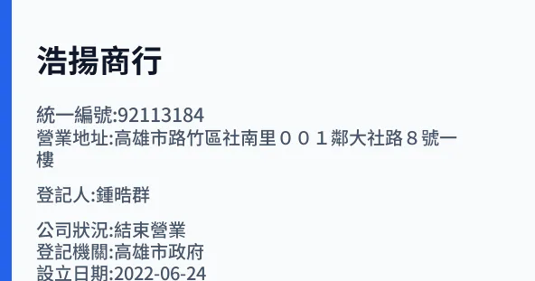 浩揚商行的照片-統編 92113184(高雄市) 公司登記資料與營業項目詳細圖表