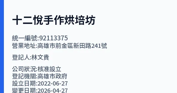 十二悅手作烘培坊的照片-統編 92113375(高雄市) 公司登記資料與營業項目詳細圖表