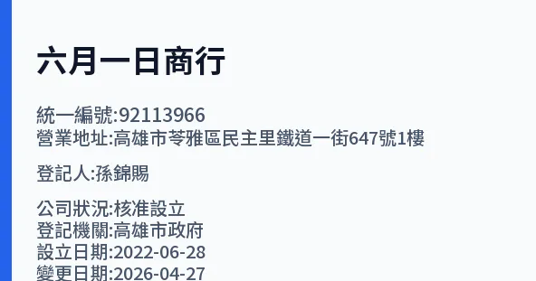 六月一日商行的照片-統編 92113966(高雄市) 公司登記資料與營業項目詳細圖表
