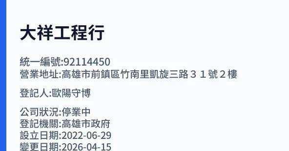 大祥工程行的照片-統編 92114450(高雄市) 公司登記資料與營業項目詳細圖表