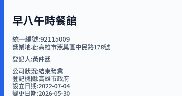 早八午時餐館的照片-統編 92115009(高雄市) 公司登記資料與營業項目詳細圖表