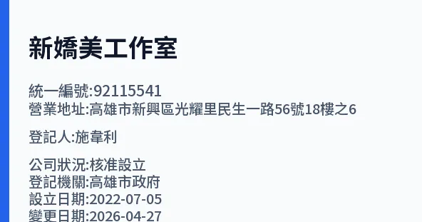 新嬌美工作室的照片-統編 92115541(高雄市) 公司登記資料與營業項目詳細圖表