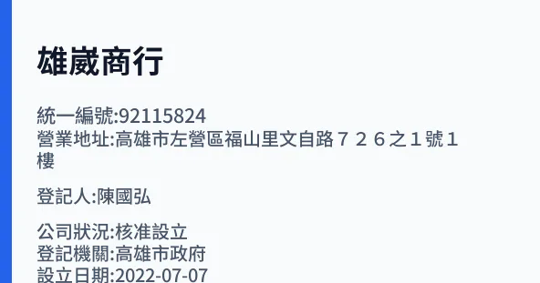 雄崴商行的照片-統編 92115824(高雄市) 公司登記資料與營業項目詳細圖表